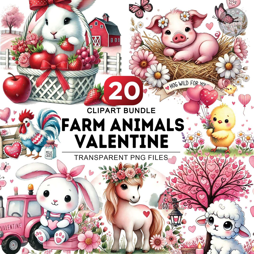 Cute Animal Clipart Bundle, 20 PNG Watercolor Farm Animals, Animal ...