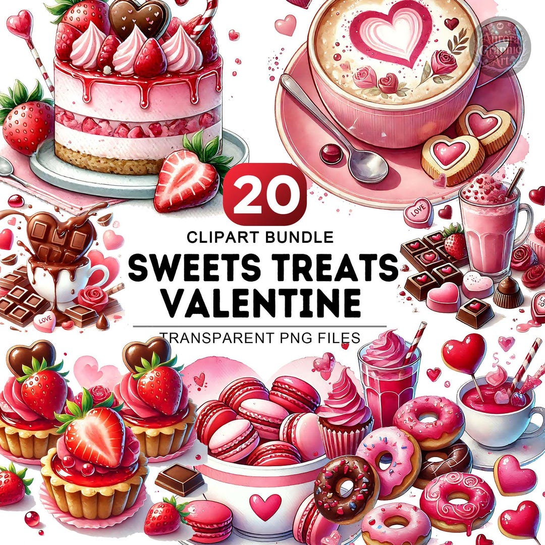 Sweets Treats Clipart Bundle, 20 PNG Watercolor Valentine Food, Love ...