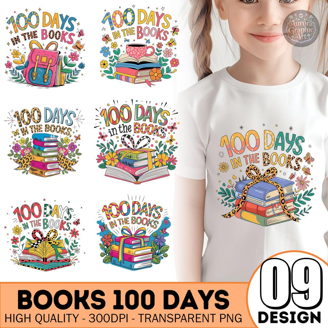 100 Days Books Png Bundle, 10 PNG 100 Days in the Books, Retro 100 Days ...