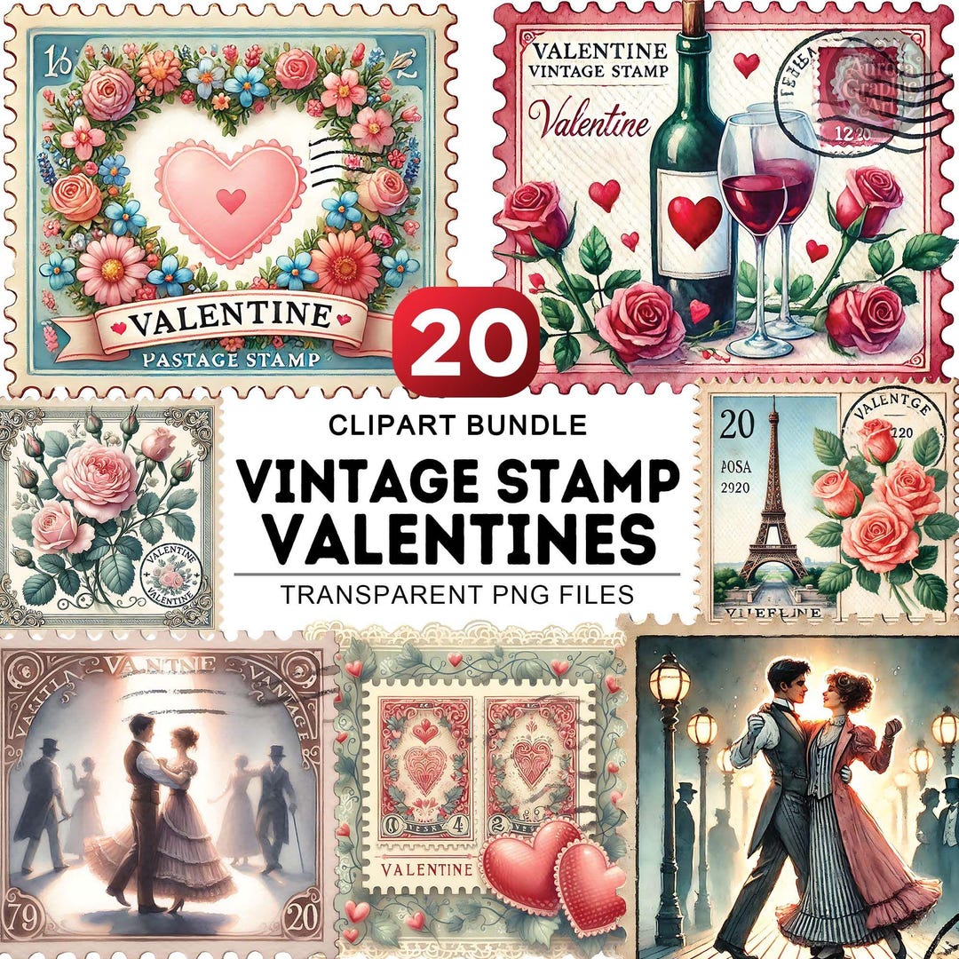 Vintage Stamp Clipart Bundle, 20 PNG Watercolor Romantic Stamp ...