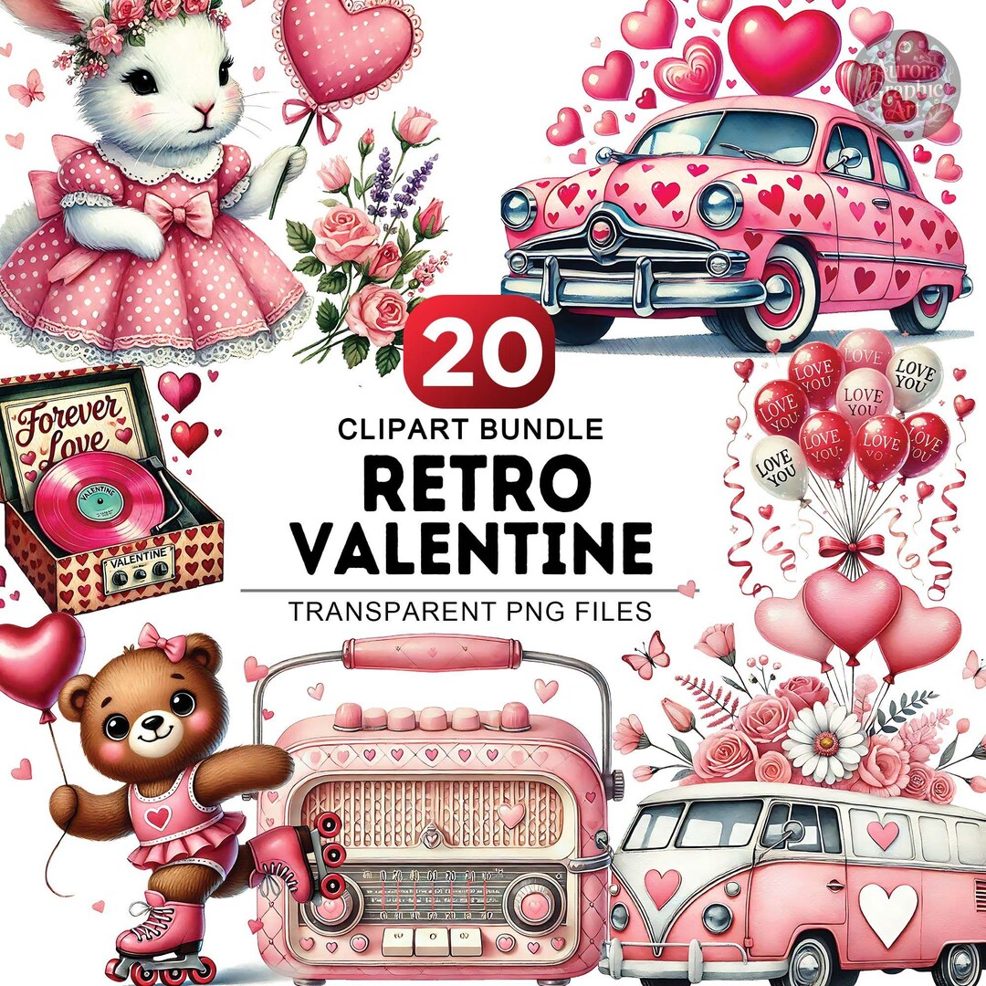 Sweet Heart Clipart Bundle, 20 PNG Watercolor Retro Valentines, Love ...