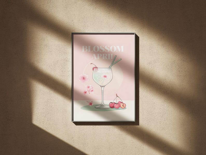 Blossom April Wall Art – Aesthetic Pink Bar Cart Print, Minimalist ...