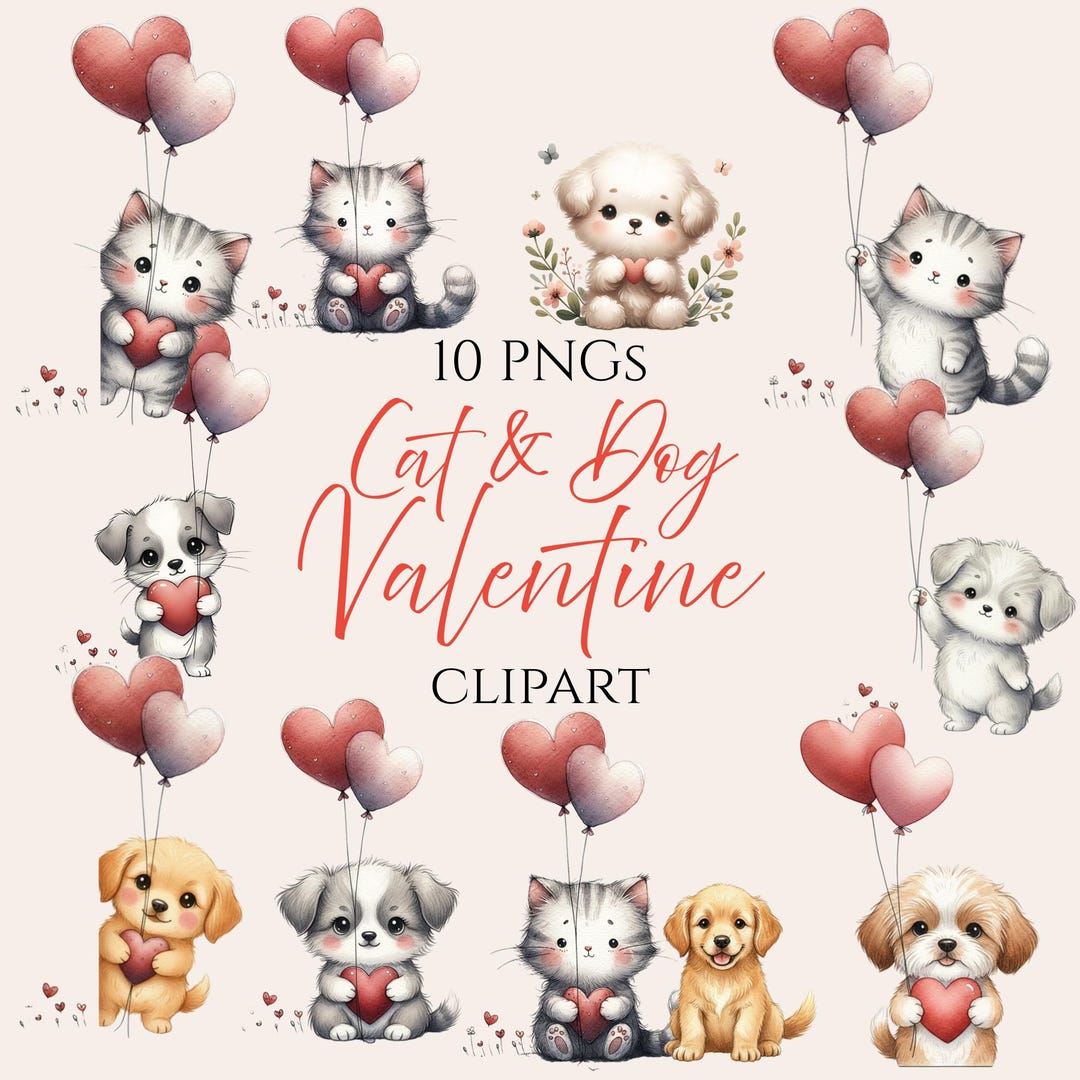 Cat & Dog Valentine Clipart – Whimsical Watercolor Pets PNG Bundle (10 ...