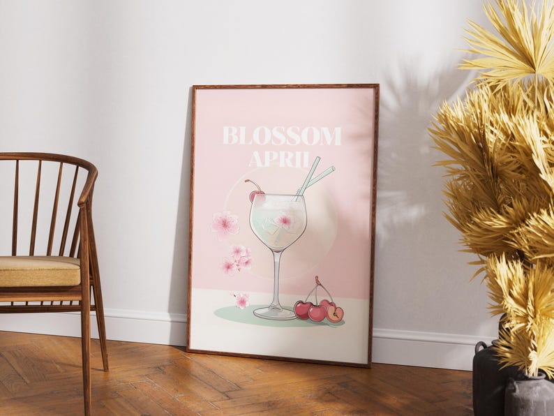 Blossom April Wall Art – Aesthetic Pink Bar Cart Print, Minimalist ...