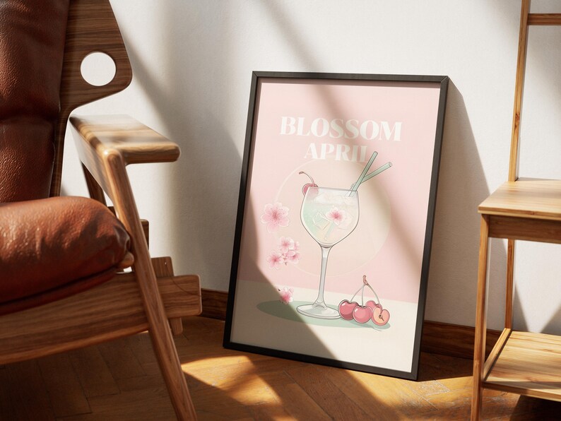 Blossom April Wall Art – Aesthetic Pink Bar Cart Print, Minimalist ...