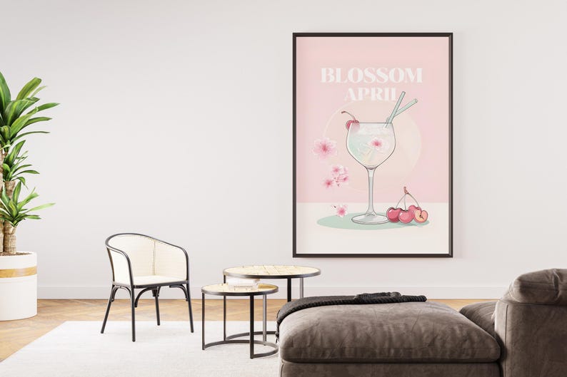 Blossom April Wall Art – Aesthetic Pink Bar Cart Print, Minimalist ...