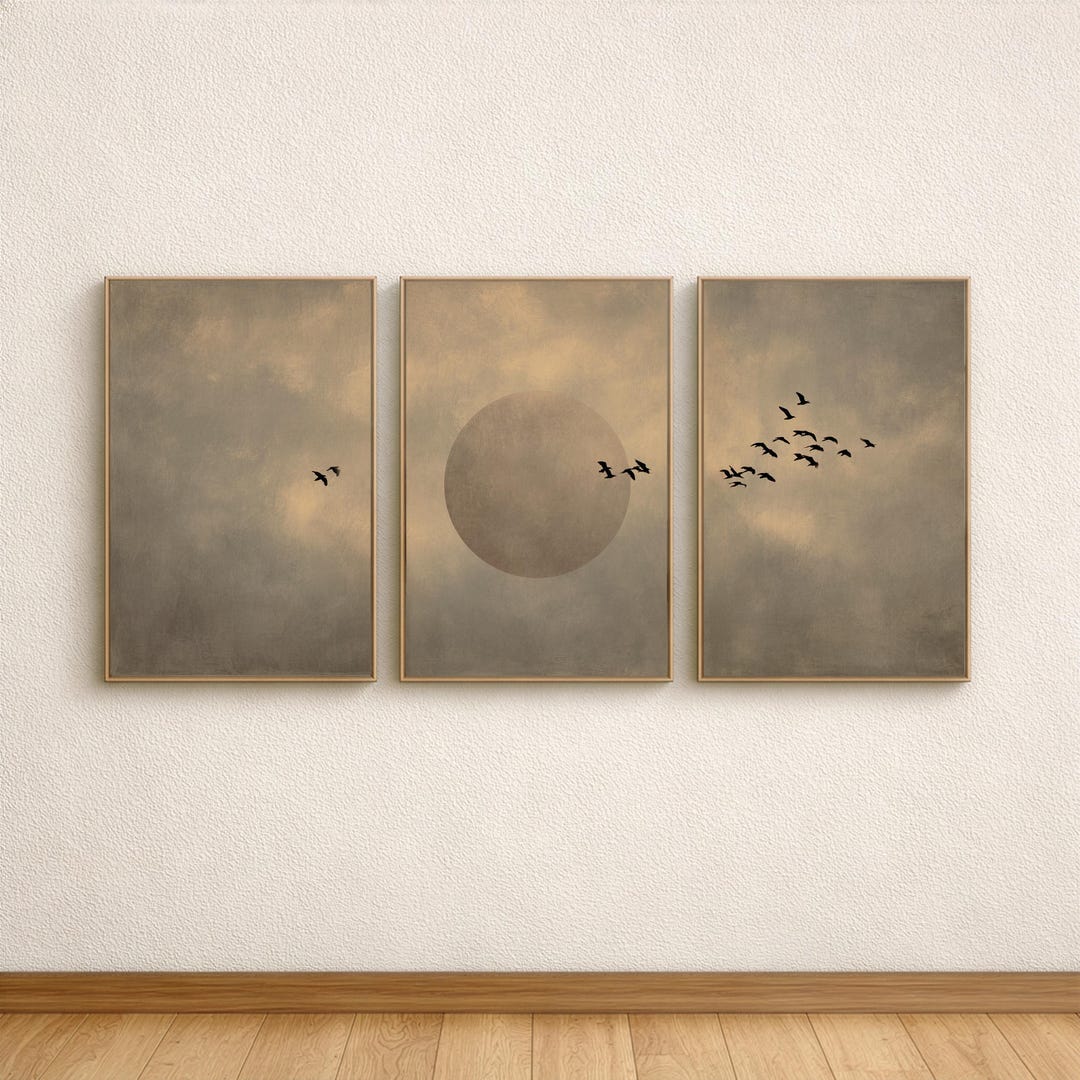 Japandi Sun Birds Triptych Wall Art, Minimalist 3 Panel Printable Wall ...