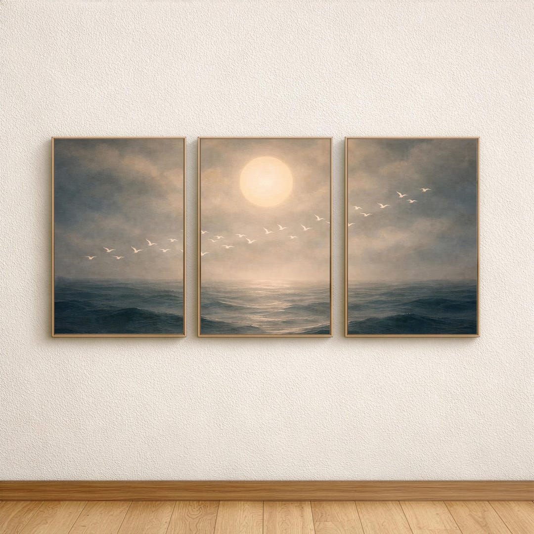 Japandi Ocean Sunrise Triptych, Coastal Birds Art (digital Download) - Etsy