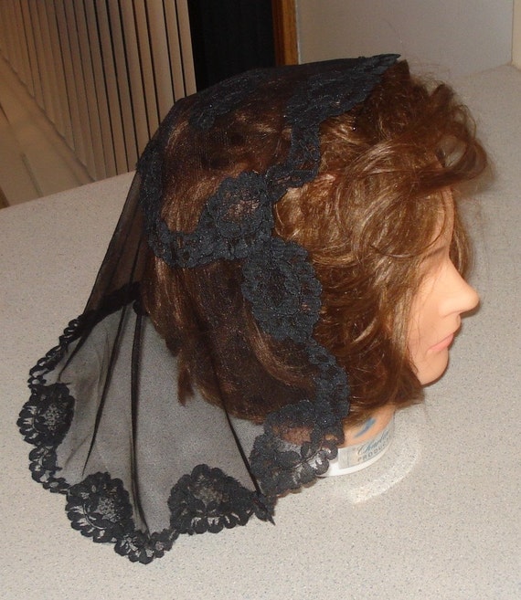 Items similar to BLACK lace - Princess Style Headcovering - Church or ...