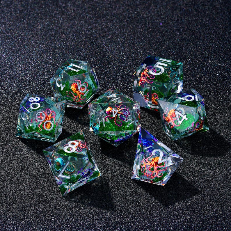 Blue Octopus Liquid Core Dice Set, Deep Sea RPG Dice, Sharp Edge Dnd ...