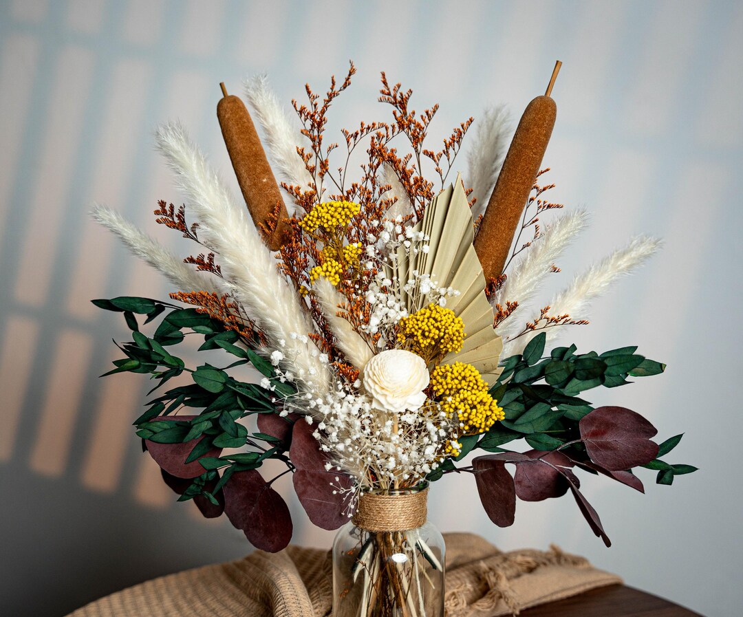 Boho Dried Flower Arrangement: Typha, Reeds & Eucalyptus - Etsy
