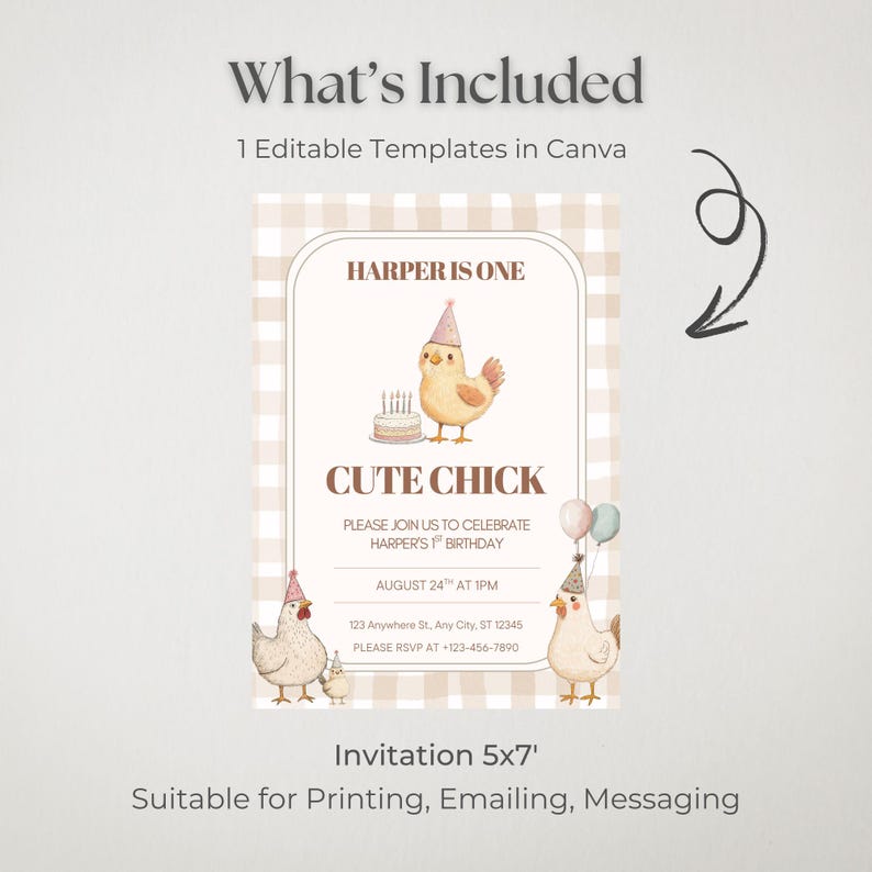 One Cute Chick Birthday Invitation, Editable Cute Farm Chicken Invite ...