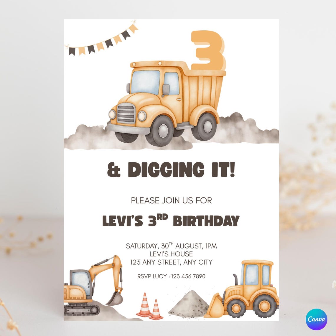 Editable Digger Invitation, 3rd Birthday Party Theme, 3 and Digging It ...