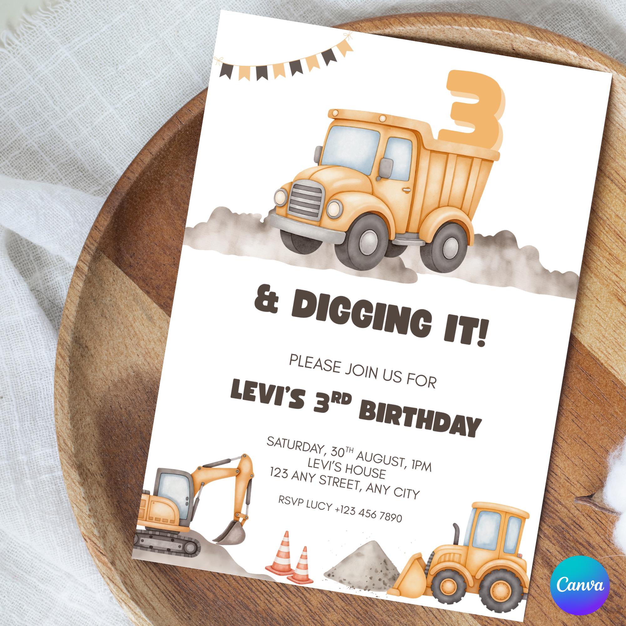 Editable Digger Invitation, 3rd Birthday Party Theme, 3 and Digging It ...