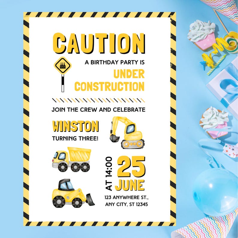 Editable Construction Birthday Invitation, Digger Party, Editable ...