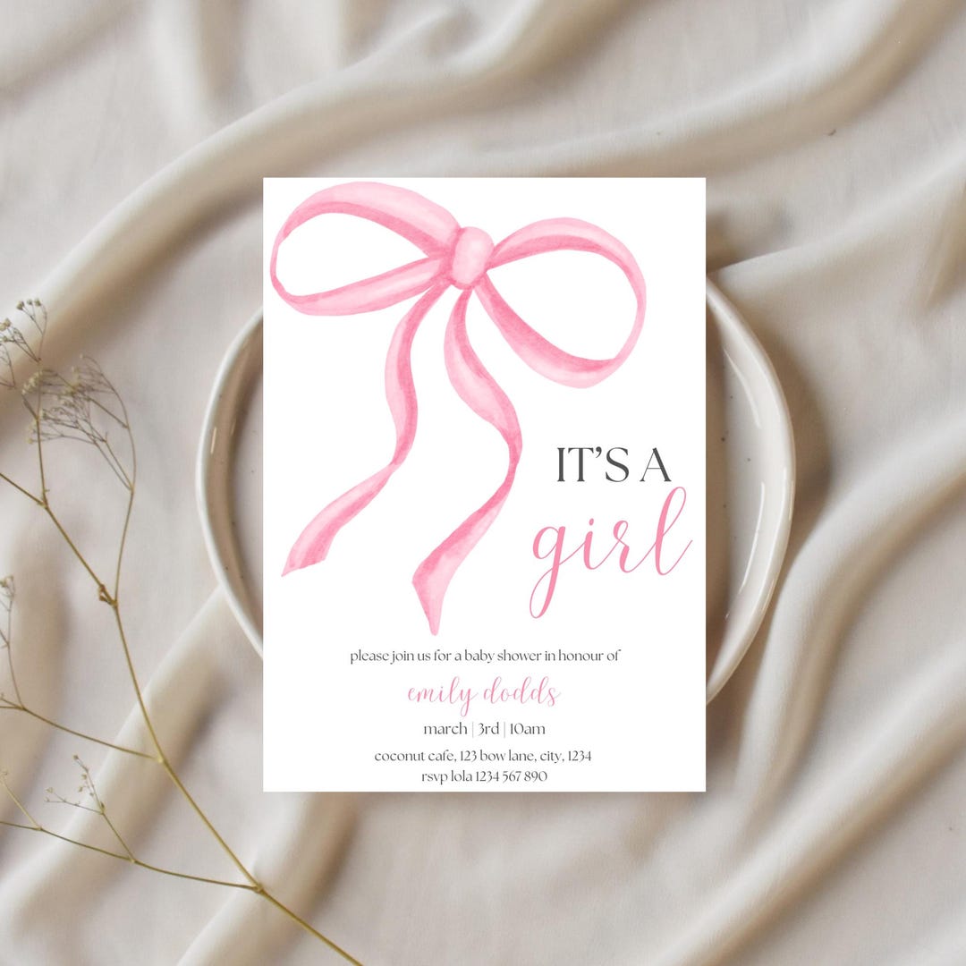 Pink Bow Baby Shower Editable Invitation Printable Digital Template ...
