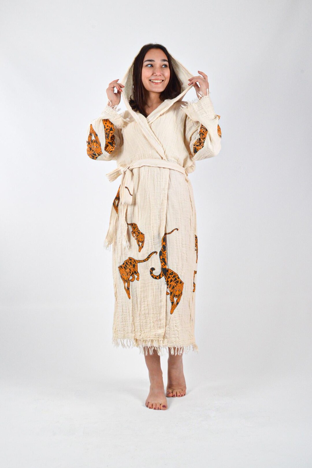 Muslin Kimono, Hooded Robe Turkish Cotton, Tiger Design Loungewear for ...