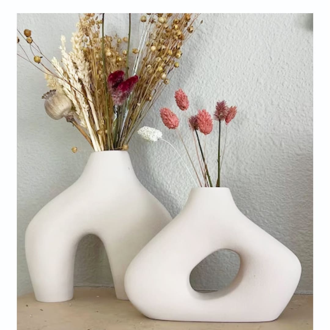 Set of 2 Round Hollow Ceramic Vases, Small and Large Donut Vase, Modern ...