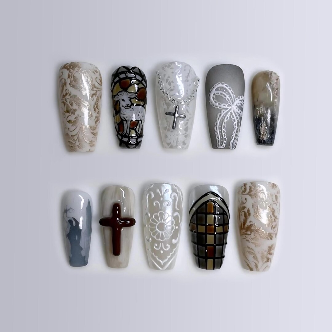 Gothic Baroque Press on Nails With Stained Glass Lamb and Cross ...