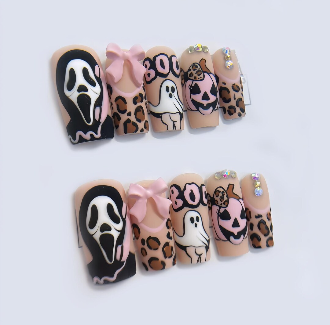 Spooky Ghost Leopard Press on Nails With Pink Bow and Pumpkin ...