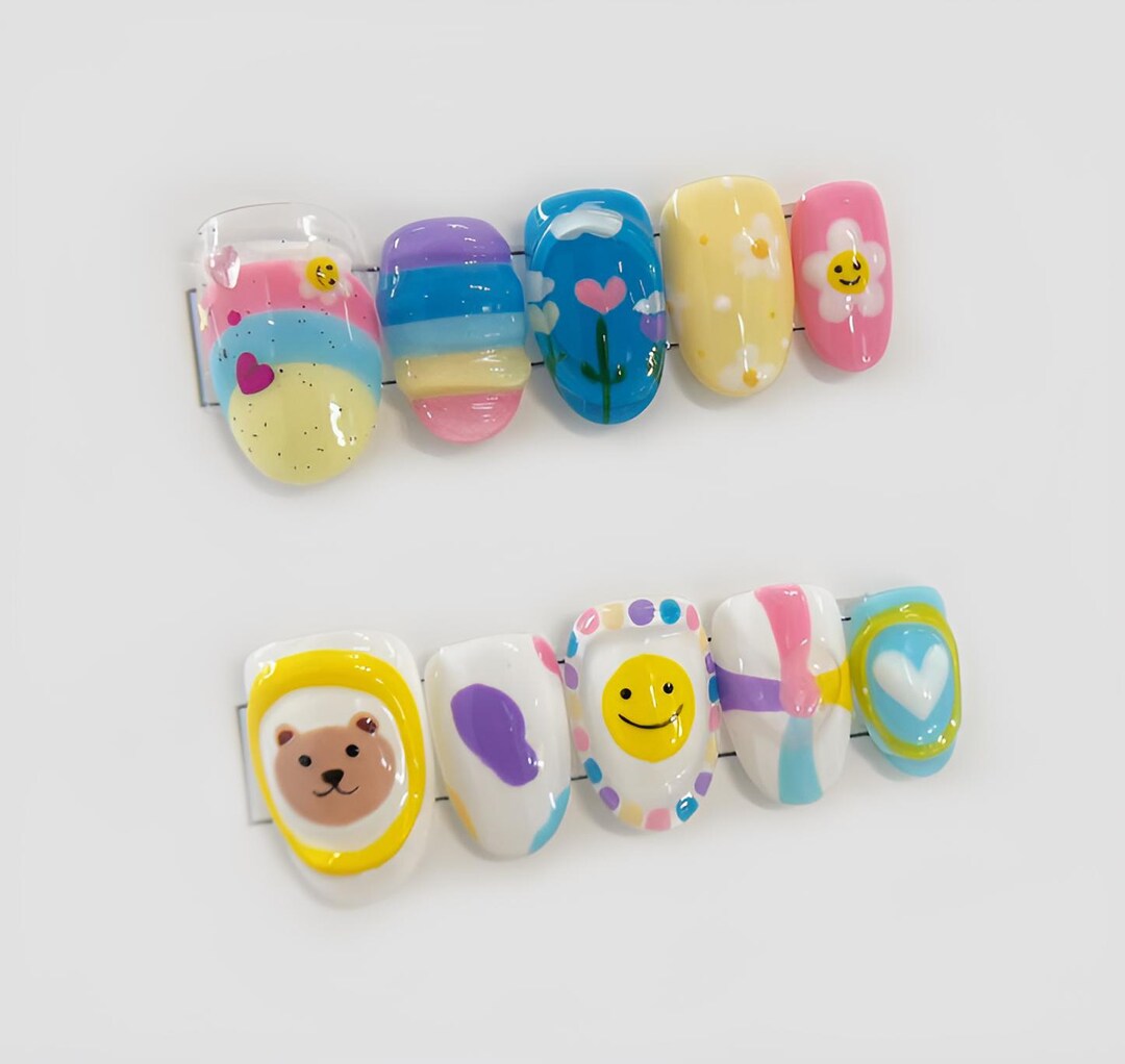 Colorful Cartoon Press on Nails Cute Bear Smiley Face Almond Shape ...