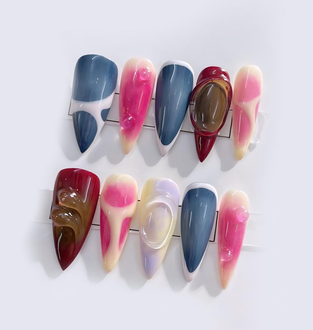Y2K Abstract Melted Press on Nails Glossy Liquid Look | Pink Blue ...