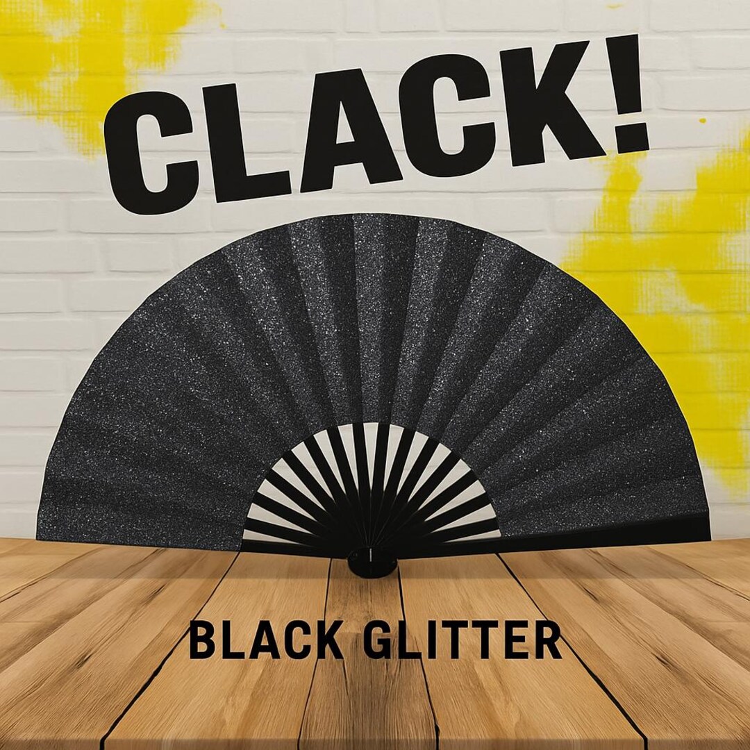 Black Glitter Hand Fan - Large Folding Fan, Black Clack Fan, Folding ...