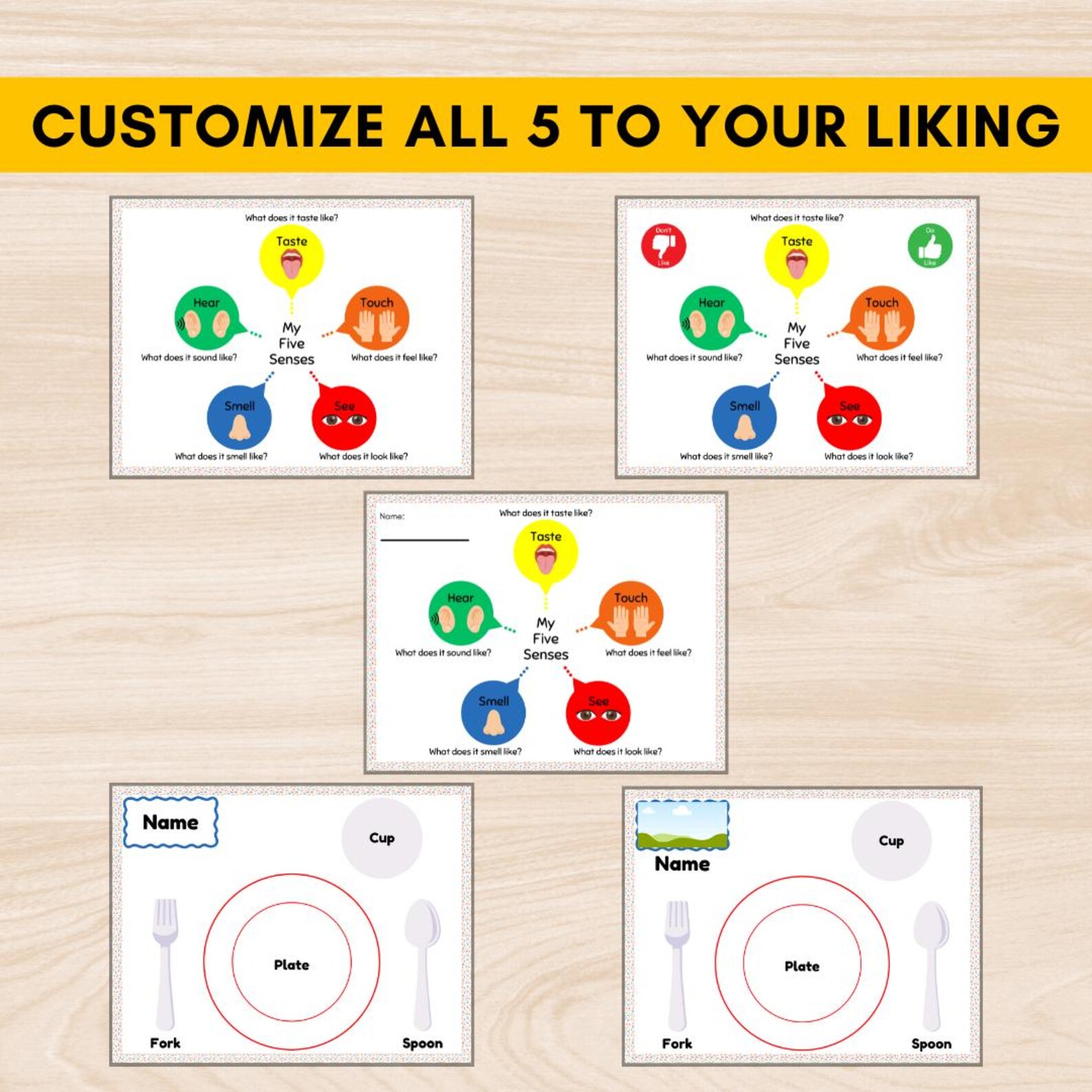 Editable Five Senses Placemat: Kids Learning Template (canva) - Etsy
