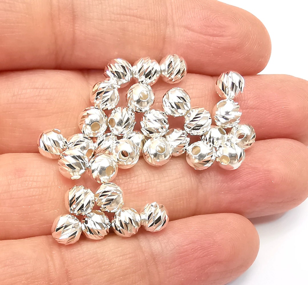 Sterling Silver Multi Diamond Cut Round Ball Beads, 925 Solid Silver ...