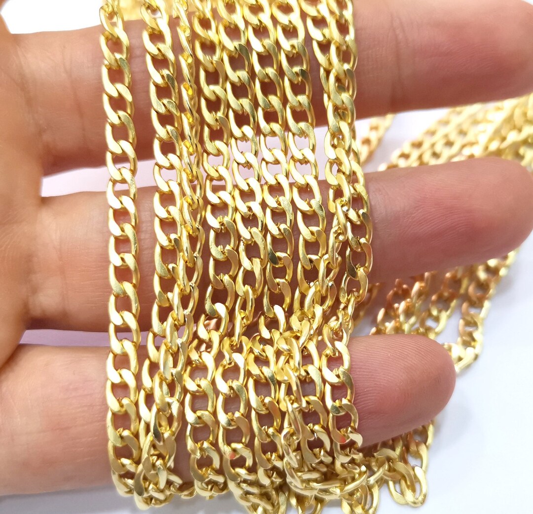 Gold Flat Chain Gold Plated Curb Chain (6.6x4.1 Mm) 1 Meter - 3.3 Feet ...