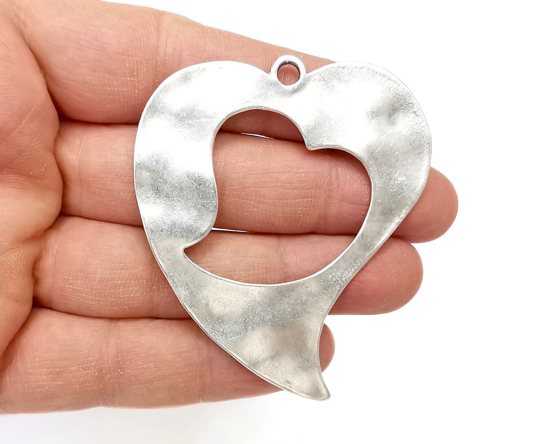 Hammered Hearts Pendant Antique Silver Plated Pendant (68x58mm) G27489 ...