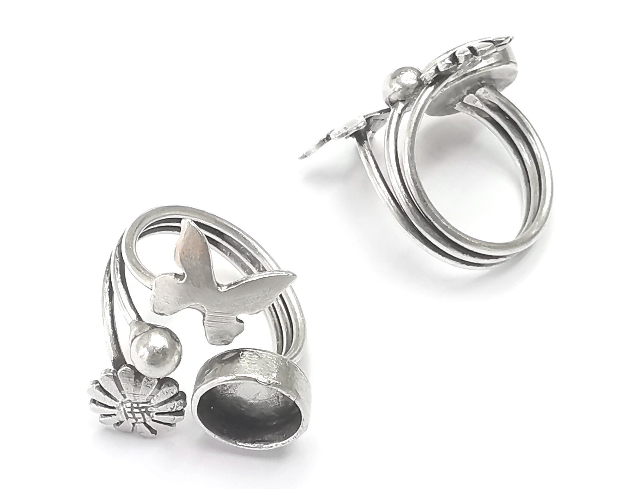 Butterfly Flower Ring Blank Silver Round Ring Setting Cabochon - Etsy
