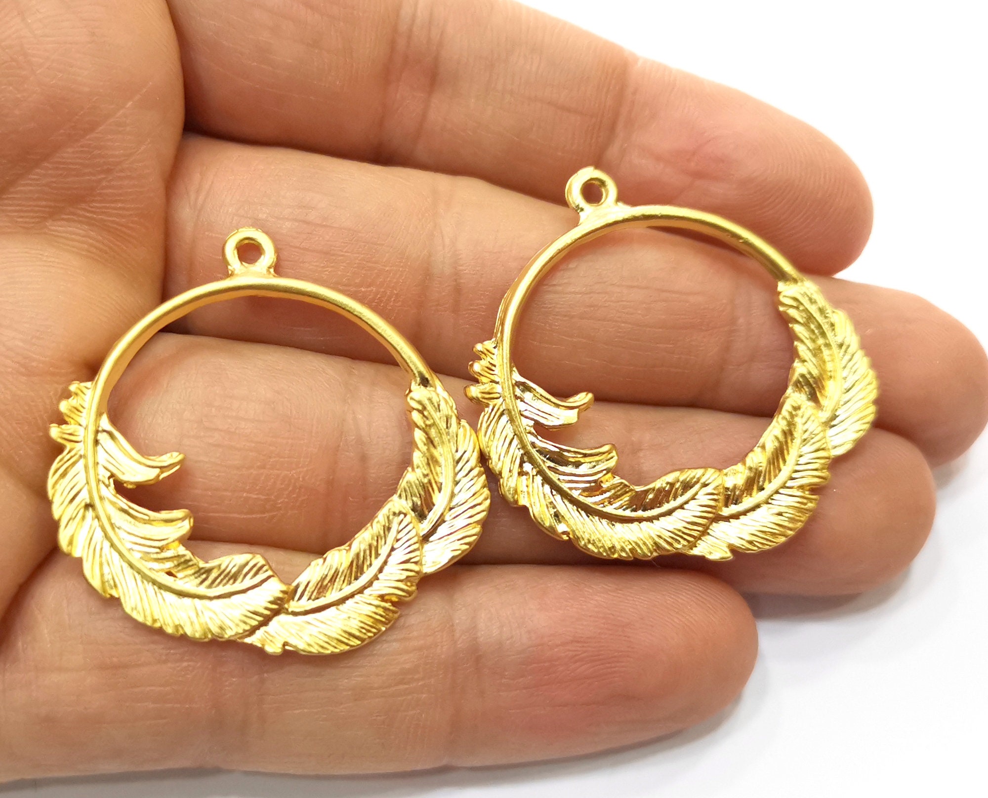 2 Feather Gold Charms Gold Plated Charms 38x37mm G18038 | Etsy