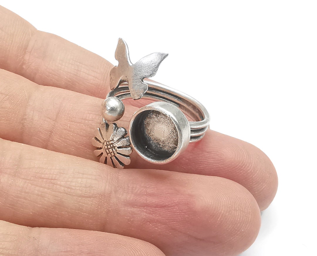 Butterfly Flower Ring Blank Silver Round Ring Setting Cabochon Mounting ...