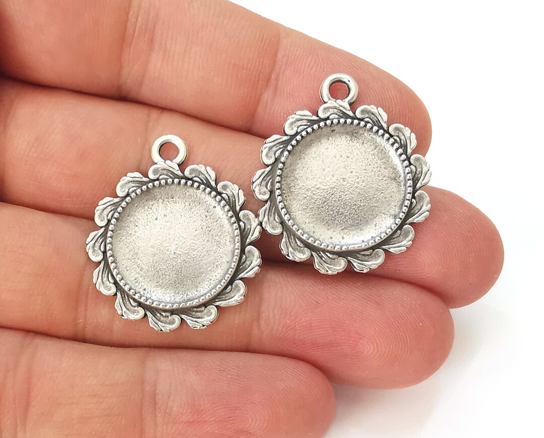 2 Round Frame Pendant Base Blank Settings Bezel Antique Silver Plated ...