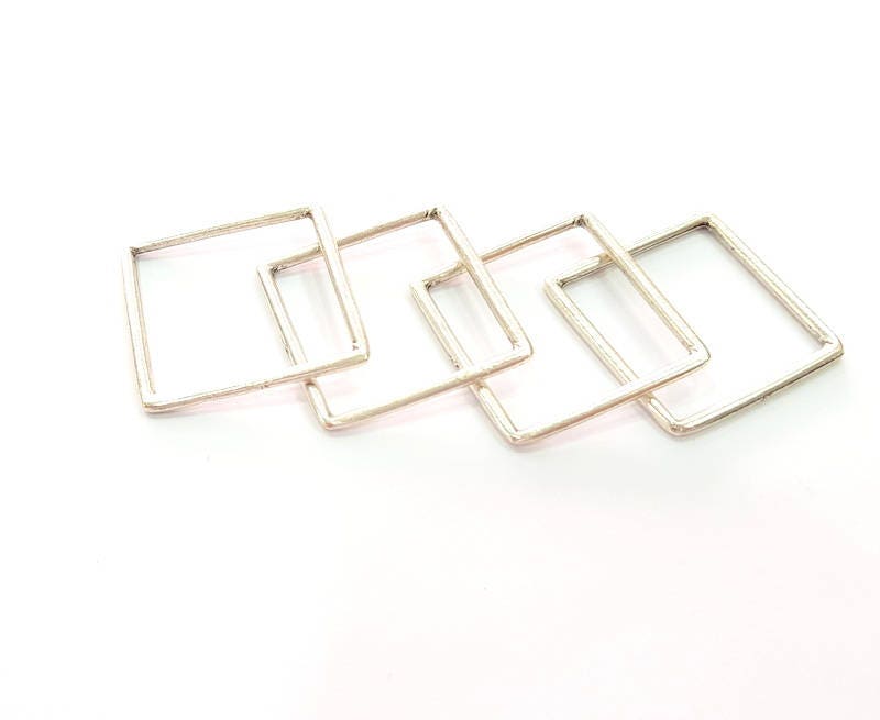 4 Silver Square Connector Pendant Antique Silver Plated Geometric ...