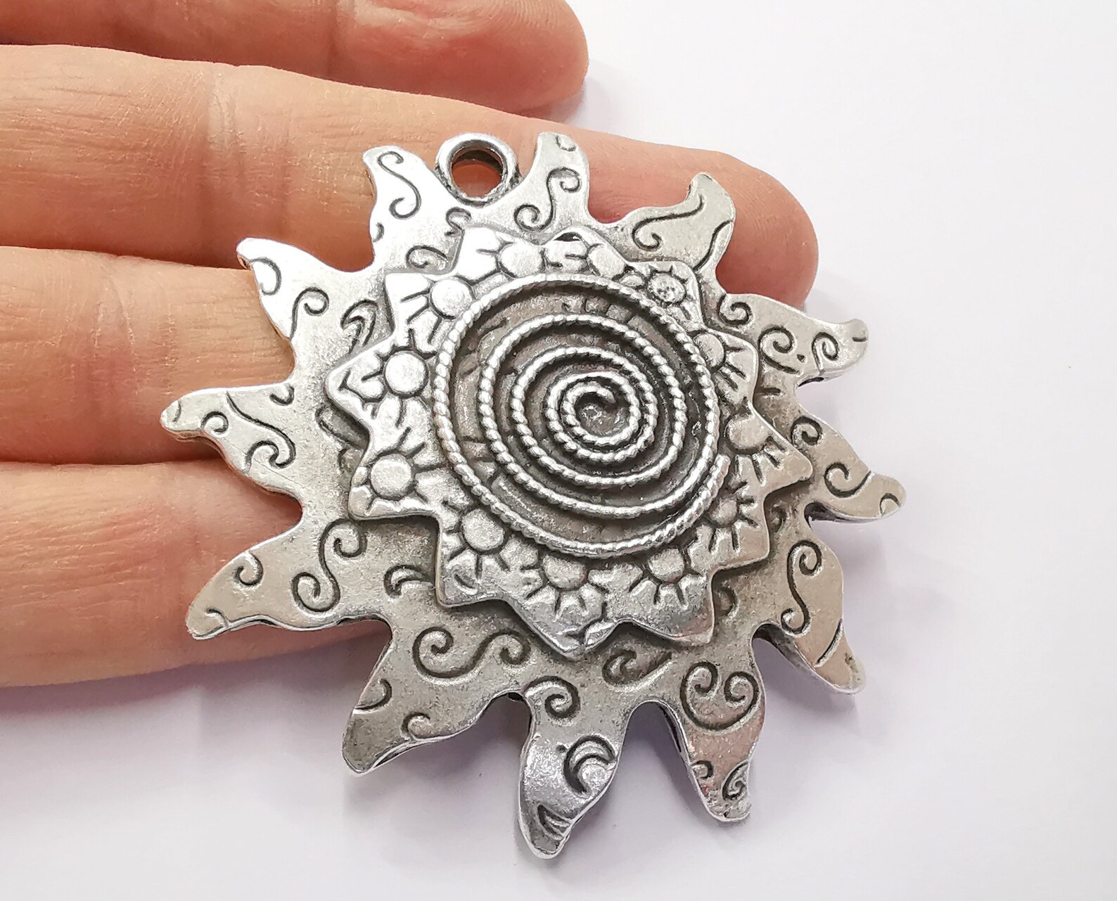 Sun Silver Pendant Antique Silver Plated Pendant 62x64mm - Etsy