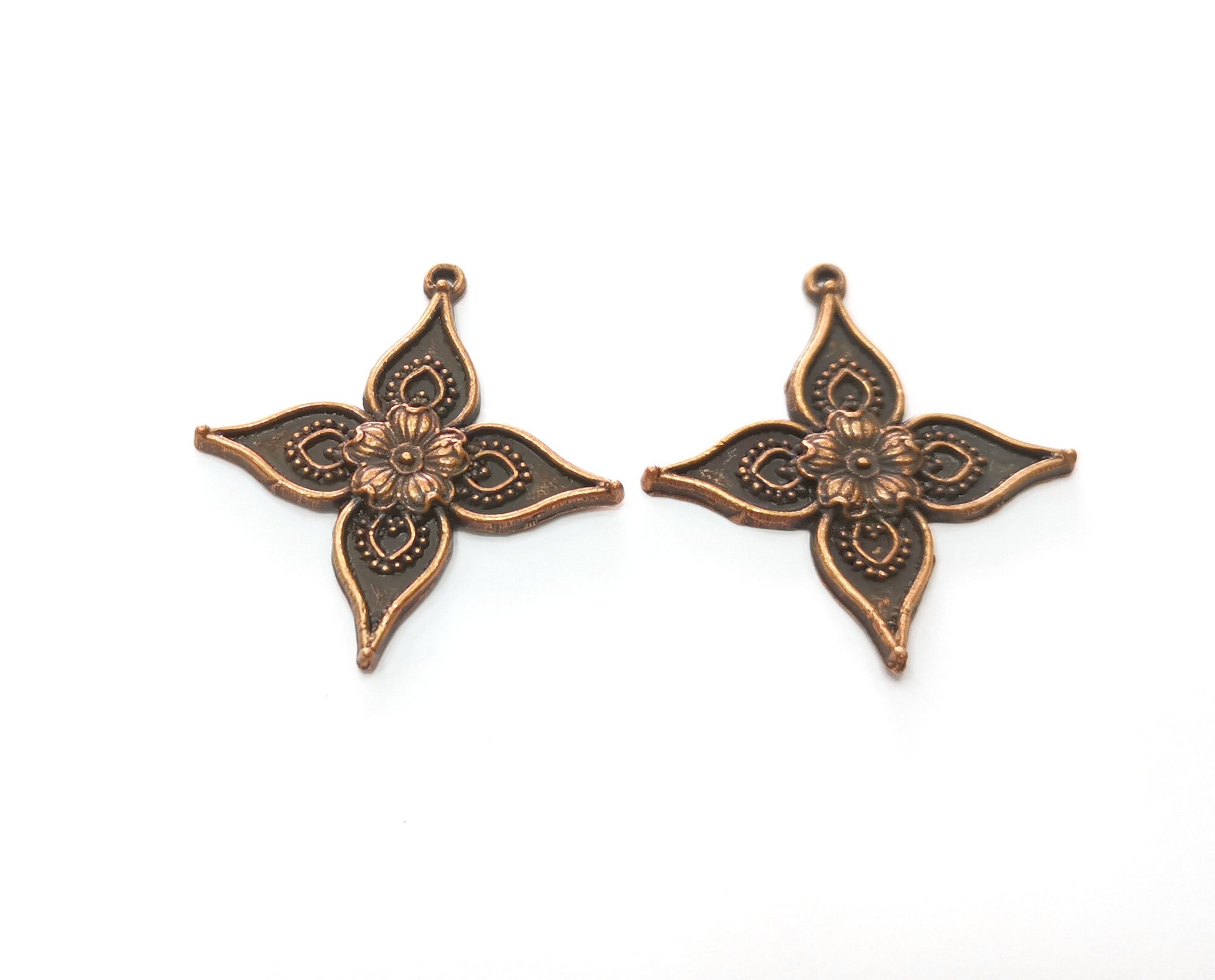 4 Copper Flower Charms Antique Copper Plated Charms 34x32mm - Etsy