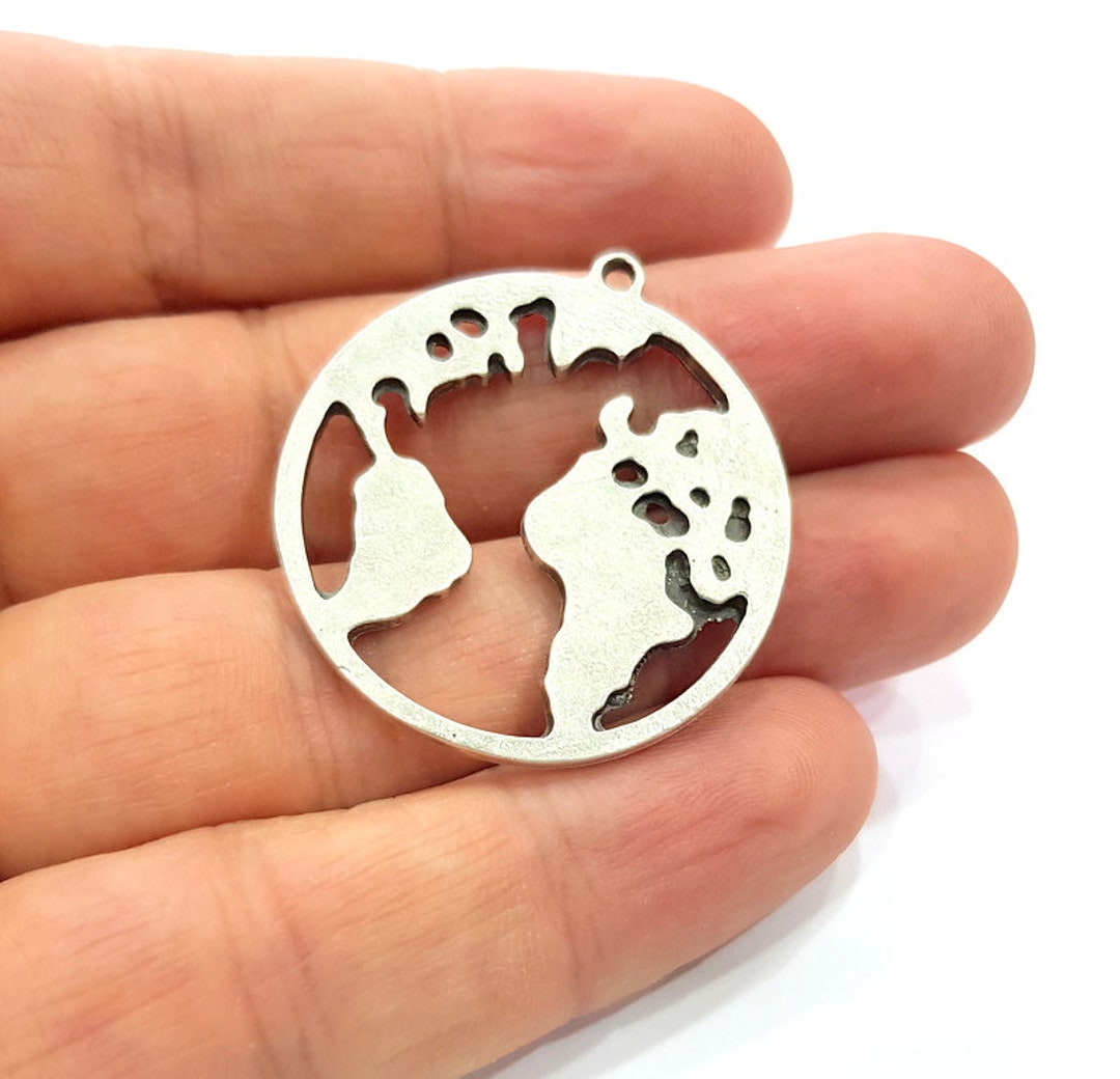 2 World Map Charm Silver Charm Antique Silver Plated Metal (34 Mm ...