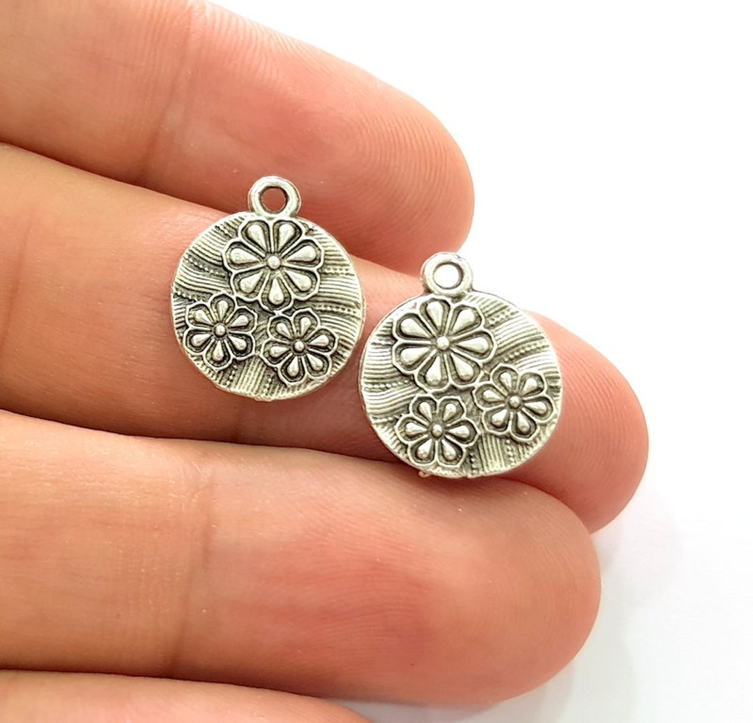 10 Flower Charm Silver Charms Antique Silver Plated Metal (14mm) G18256 ...