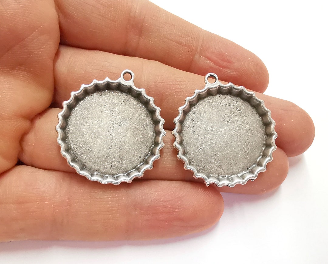 2 Silver Charms Blank Bezel Resin Bezel Mosaic Mountings Antique Silver ...