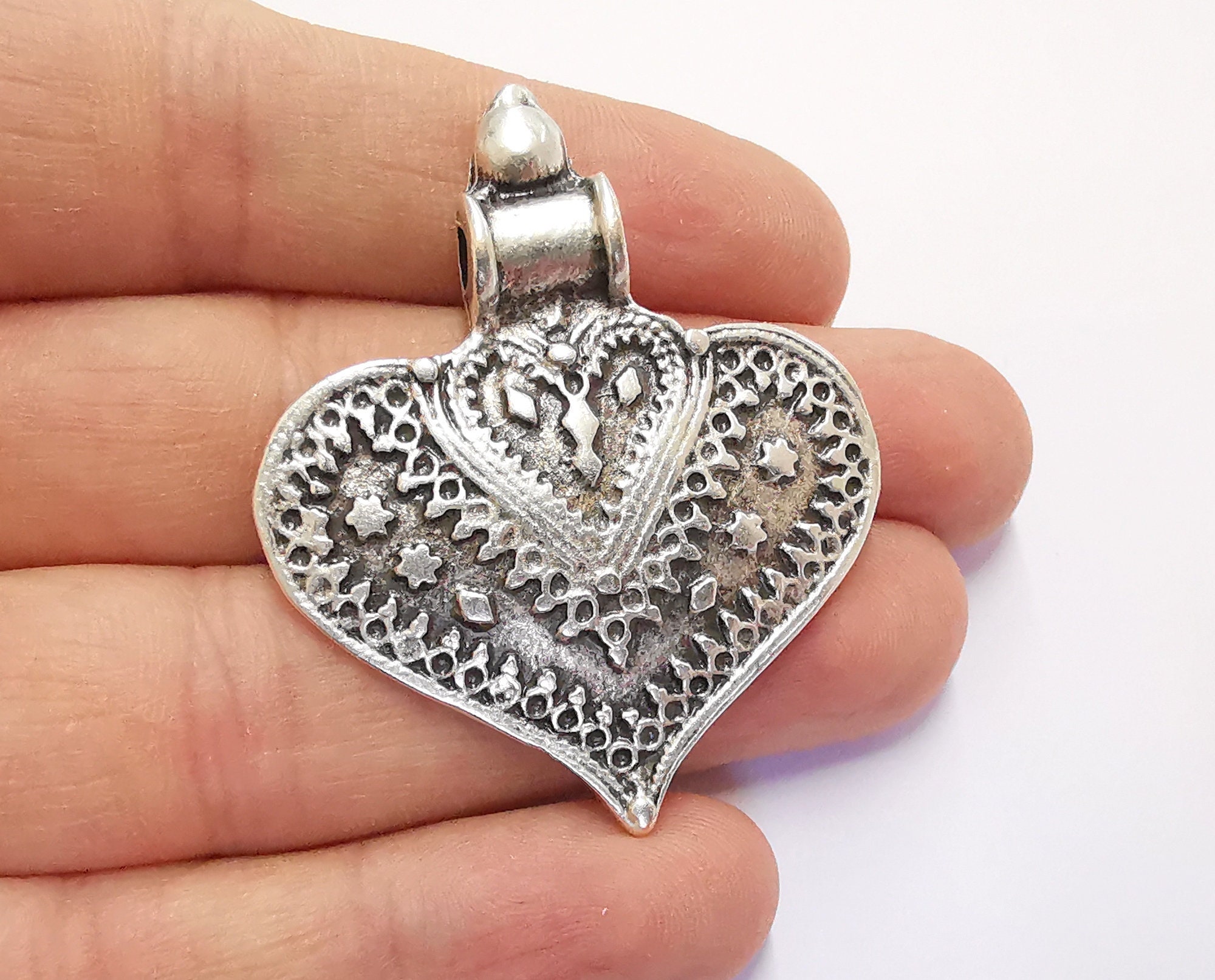 2 Heart Pendant Antique Silver Plated Pendant 51x43mm G20191 - Etsy