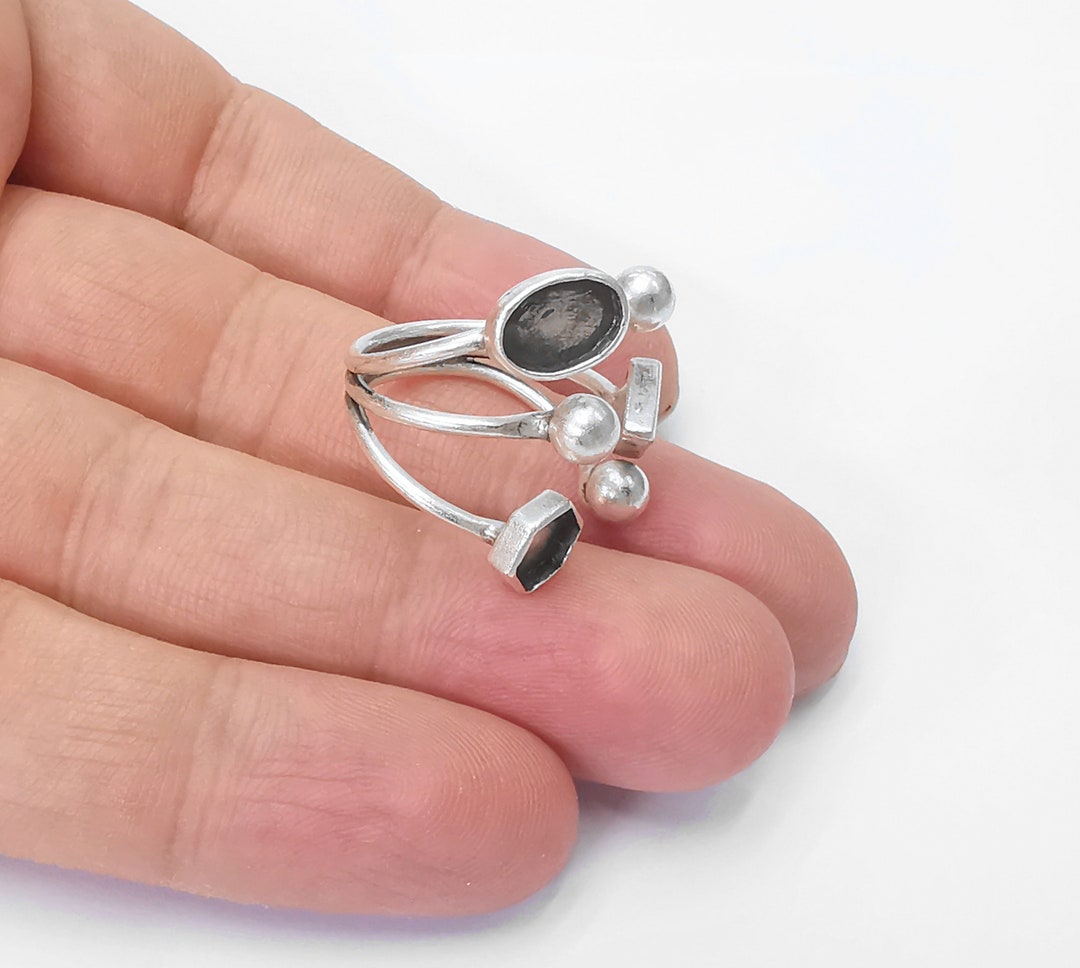 Geometric Blanks Silver Ring Setting Cabochon Mounting Adjustable Ring ...