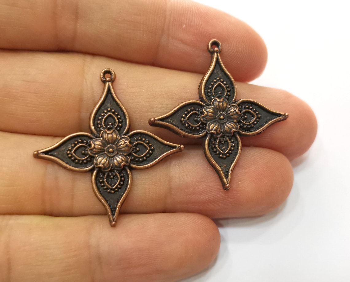 4 Copper Flower Charms Antique Copper Plated Charms 34x32mm - Etsy