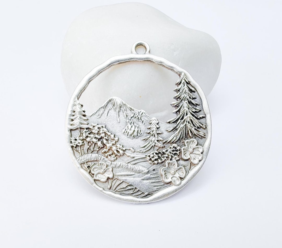 Mountain Tree and Flowers Pendant, Nature Forest Landscape Earring ...