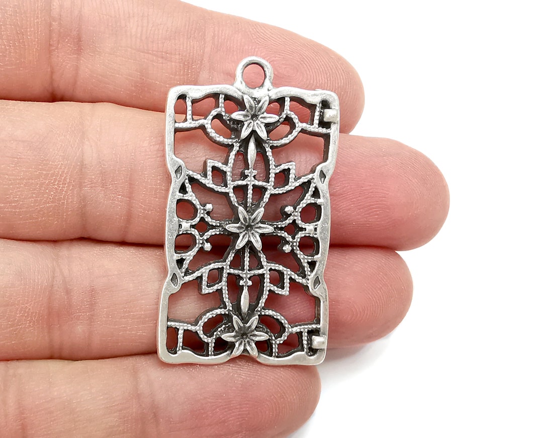Rectangle Filigree Flower Dangle Charms, Antique Silver Plated Charms ...