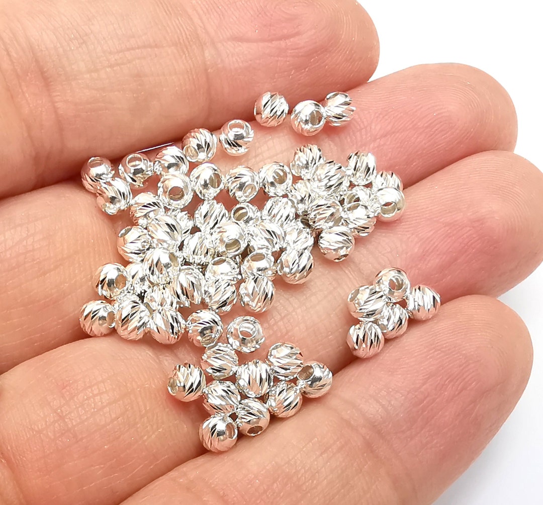 Sterling Silver Multi Diamond Cut Round Ball Beads, 925 Solid Silver ...