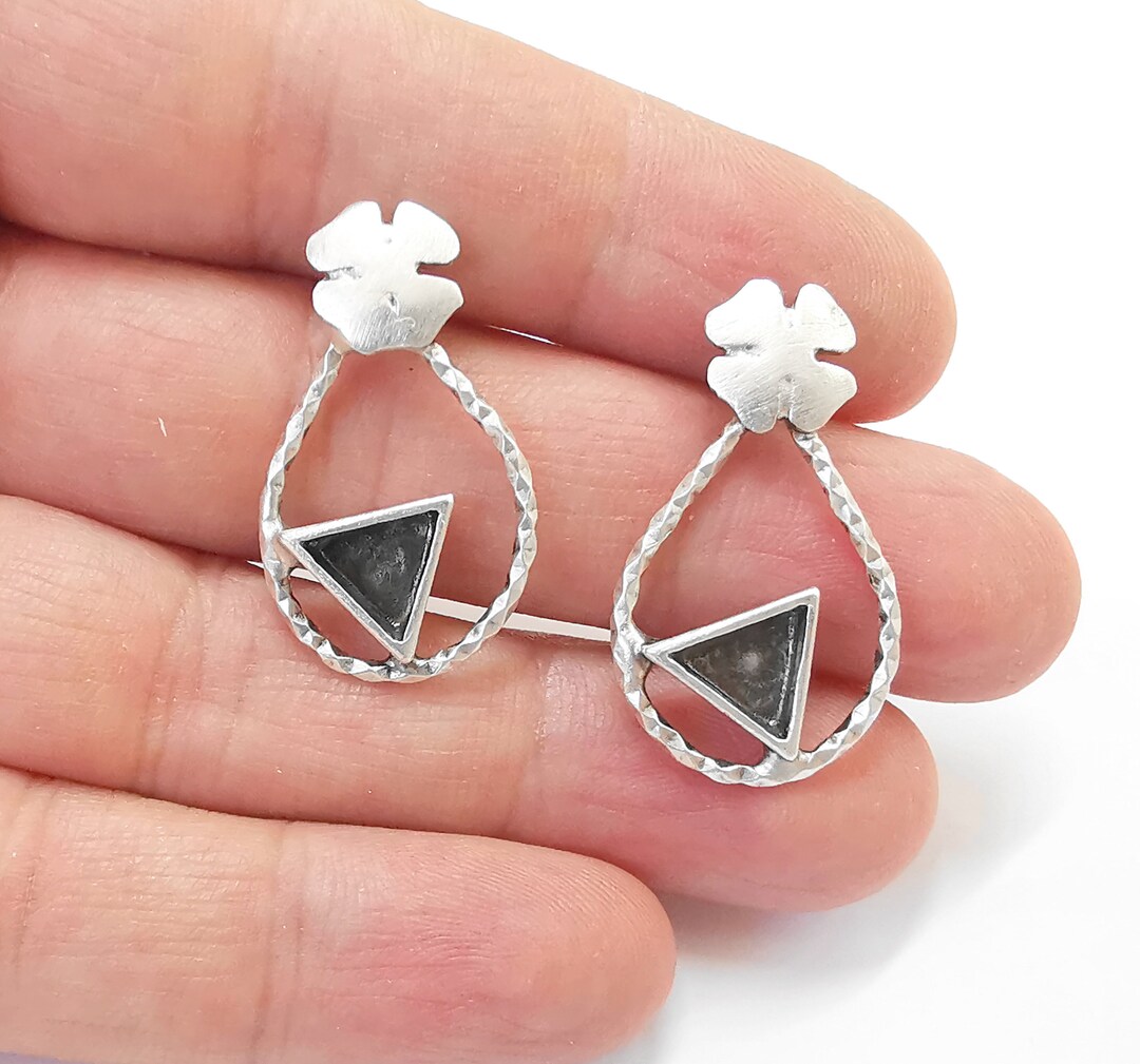 Four Leaf Clover Triangle Blank Silver Earring Set Base Wire Antique ...