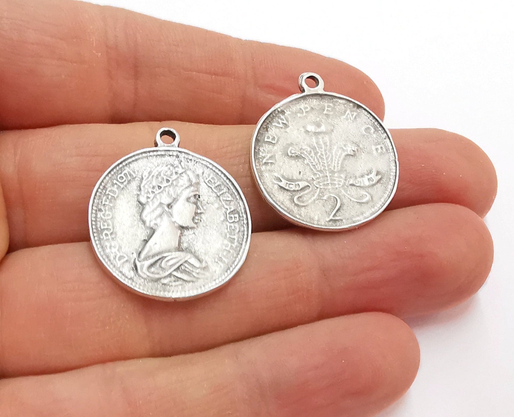 2 Coin Charms Antique Silver Plated Charms (27x23 Mm) G25068 - Etsy