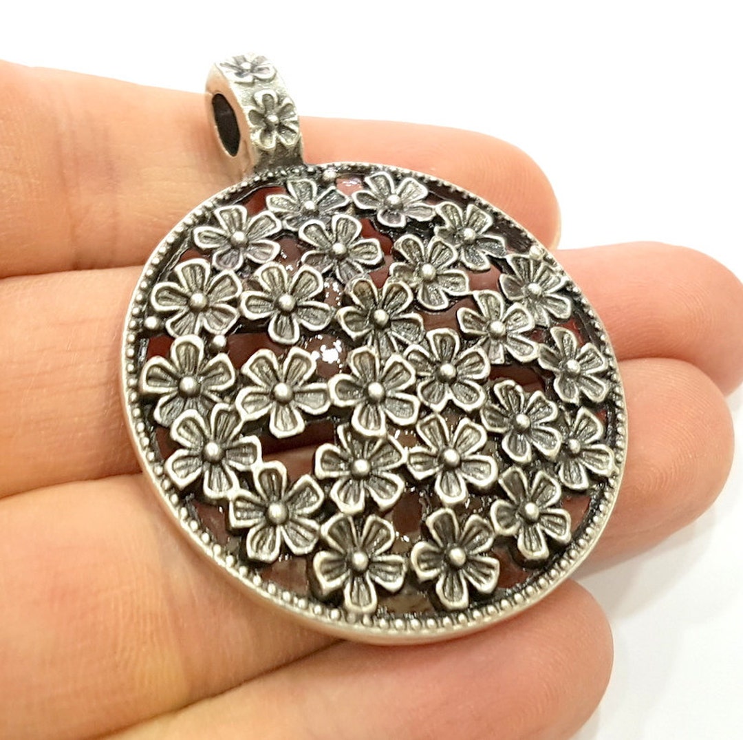 Silver Flower Pendant Antique Silver Pendants (43mm) Antique Silver ...